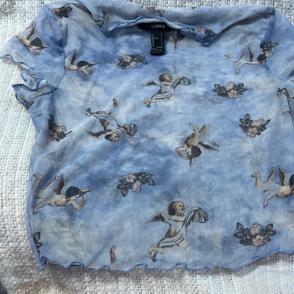 Forever 21 | Tops | Forever 2 Blue Angel Print Blouse | Poshmark
